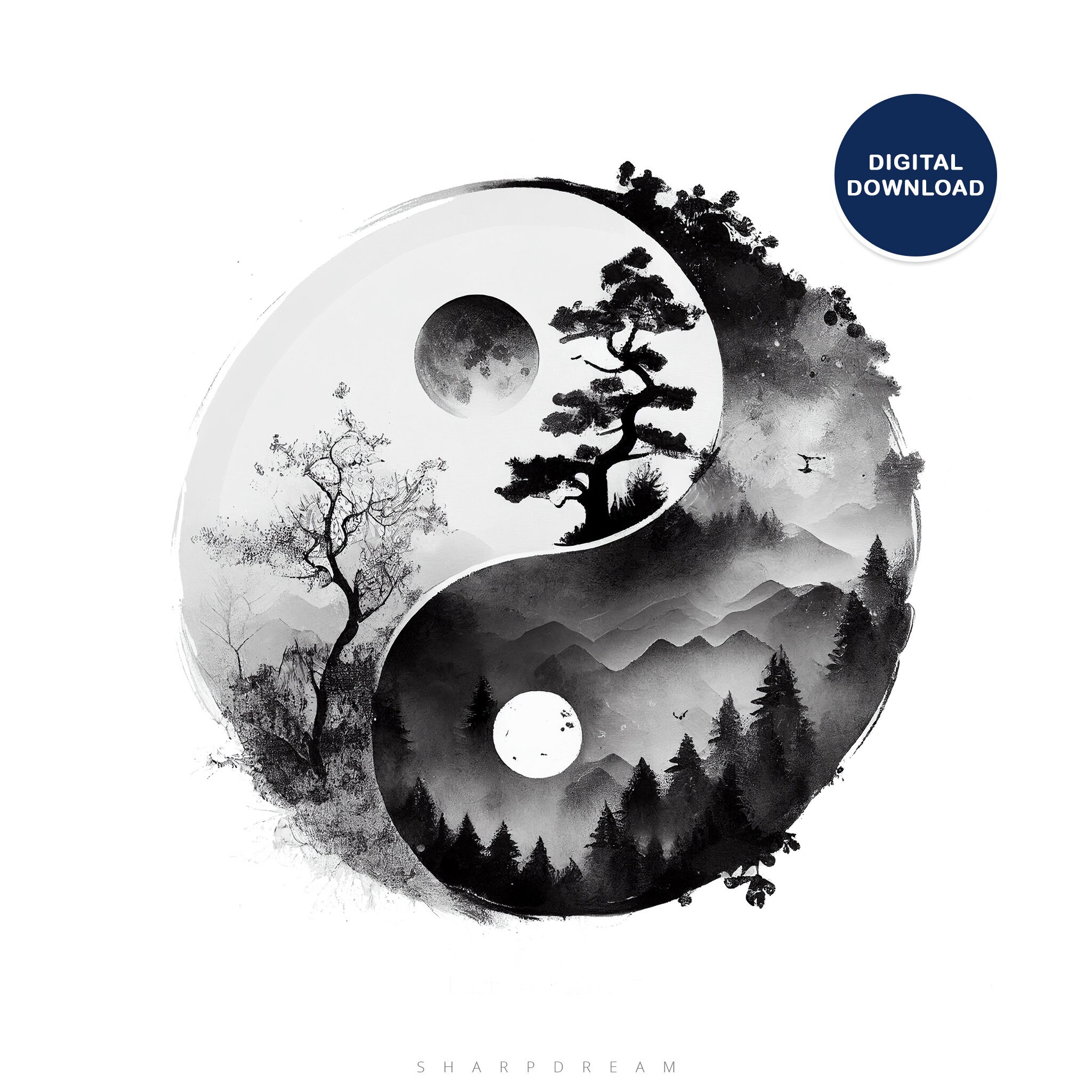 Black and White Yin Yang Wall Art, Spiritual Print, Taoism Art, Yoga ...