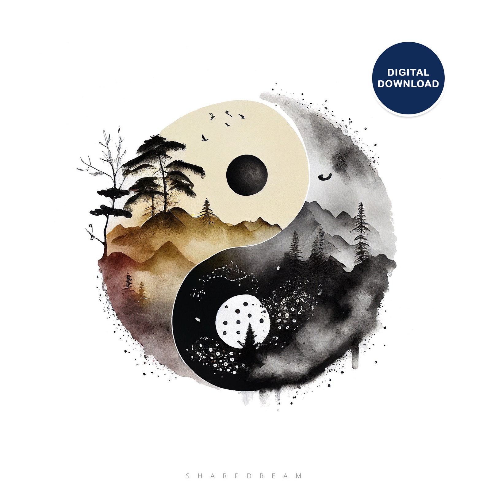 Yin Yang Printable Wall Art, Yin and Yang Abstract Wall Decor, Ying ...