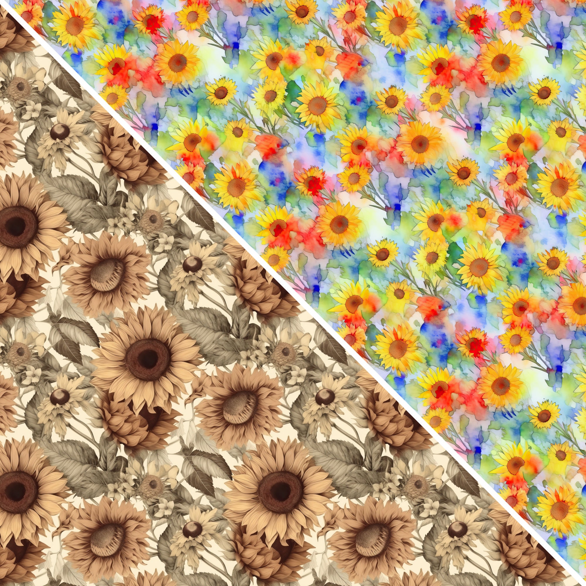 Watercolor Sunflowers Seamless Pattern Digital Paper Background Bundle ...