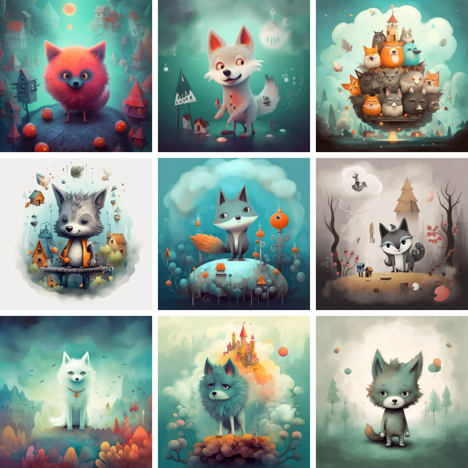 Cartoon Wolf Printable Clipart Bundle, Cute Wolves Nursery Wall Art ...