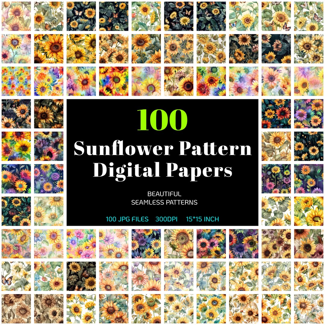 Watercolor Sunflowers Seamless Pattern Digital Paper Background Bundle ...