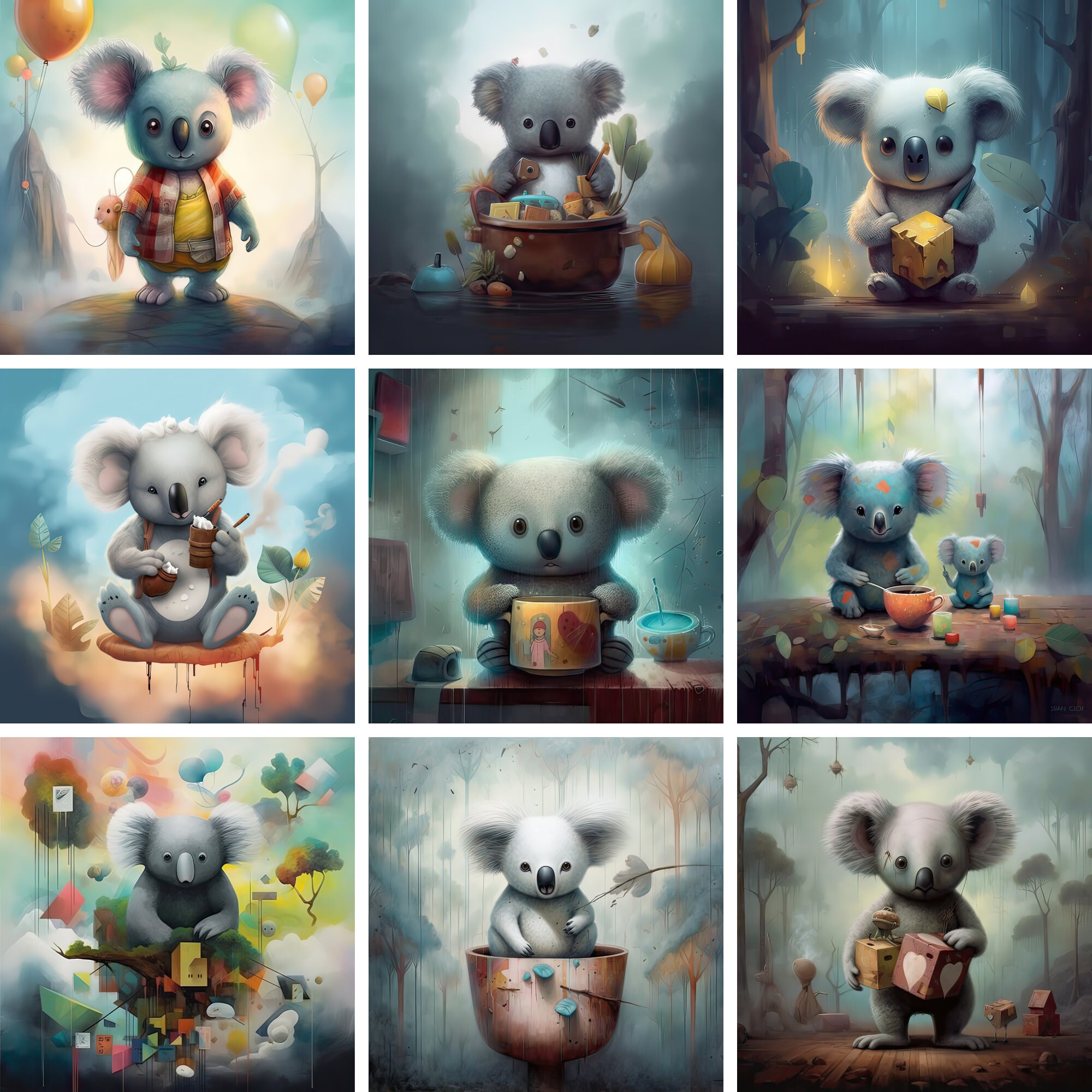 Cute Koala Nursery Art Printable Collection, Print Set, Koalas Painting ...