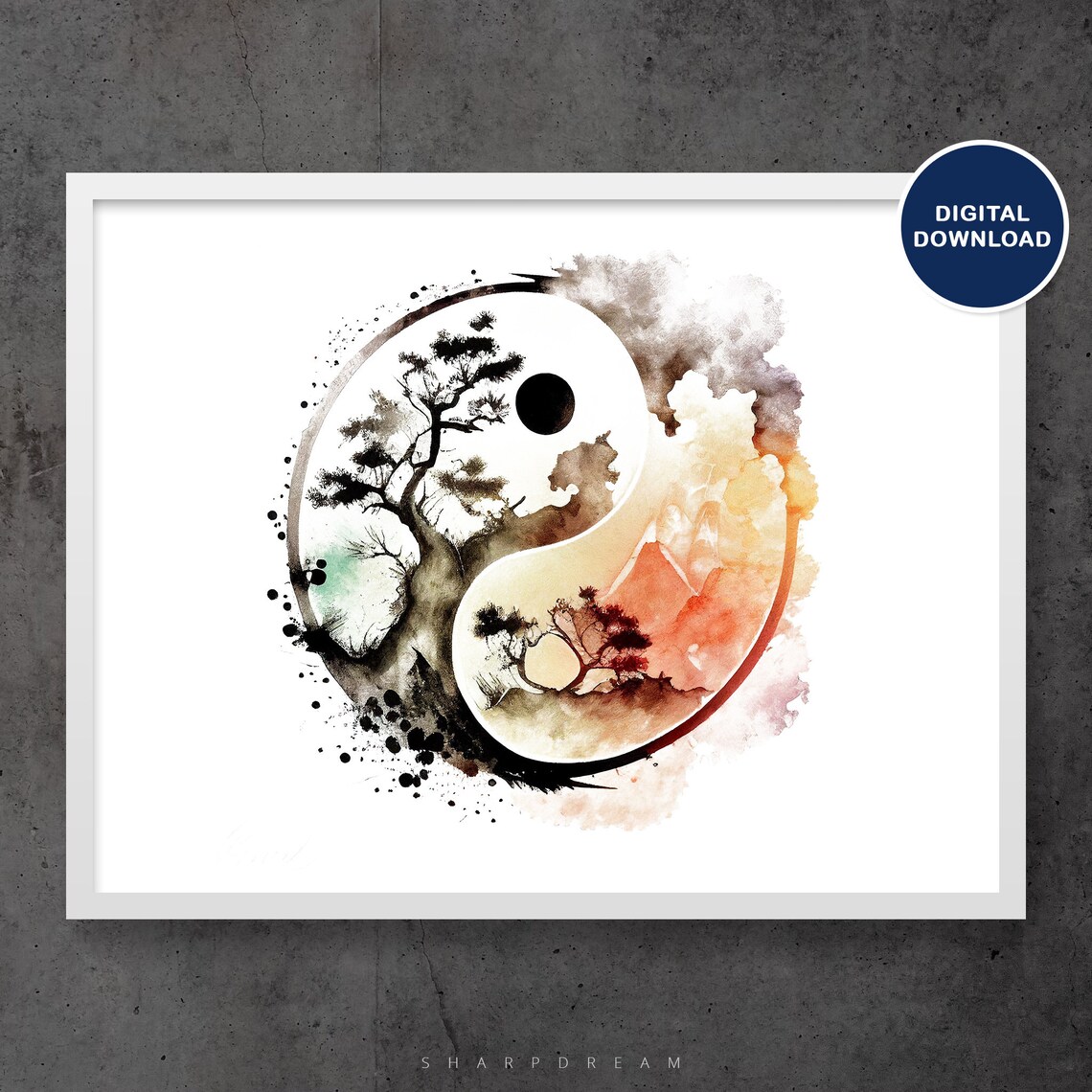 Yin Yang Printable, Ying Yang Watercolor Artwork, Meditation Wall Art ...