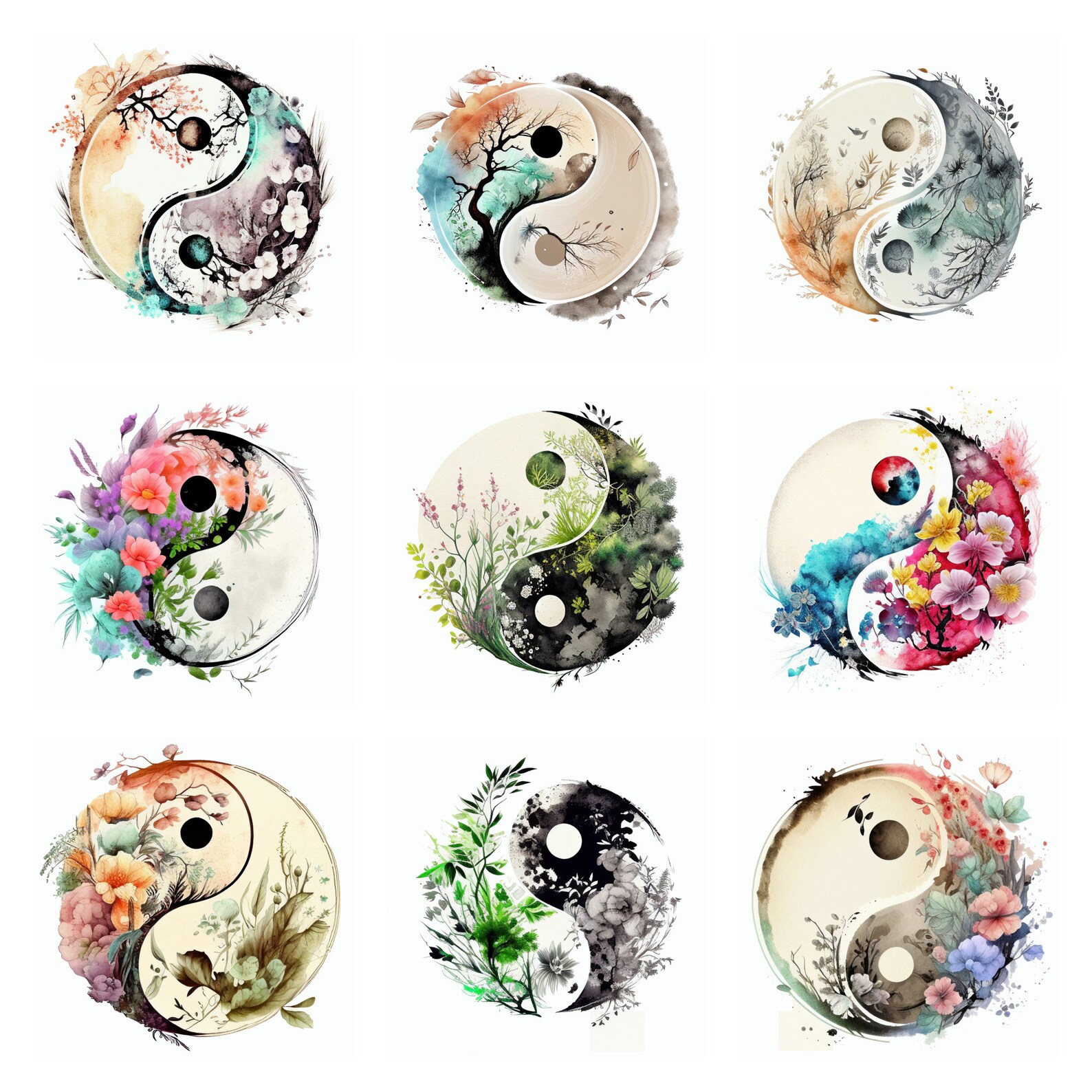 Yin Yang Watercolor Printable Collection Clipart Bundle Collection