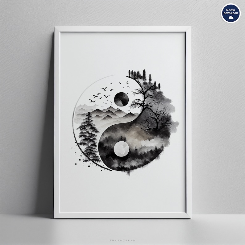 Black and White Yin and Yang Wall Art Printable, Abstract Ying Yang ...