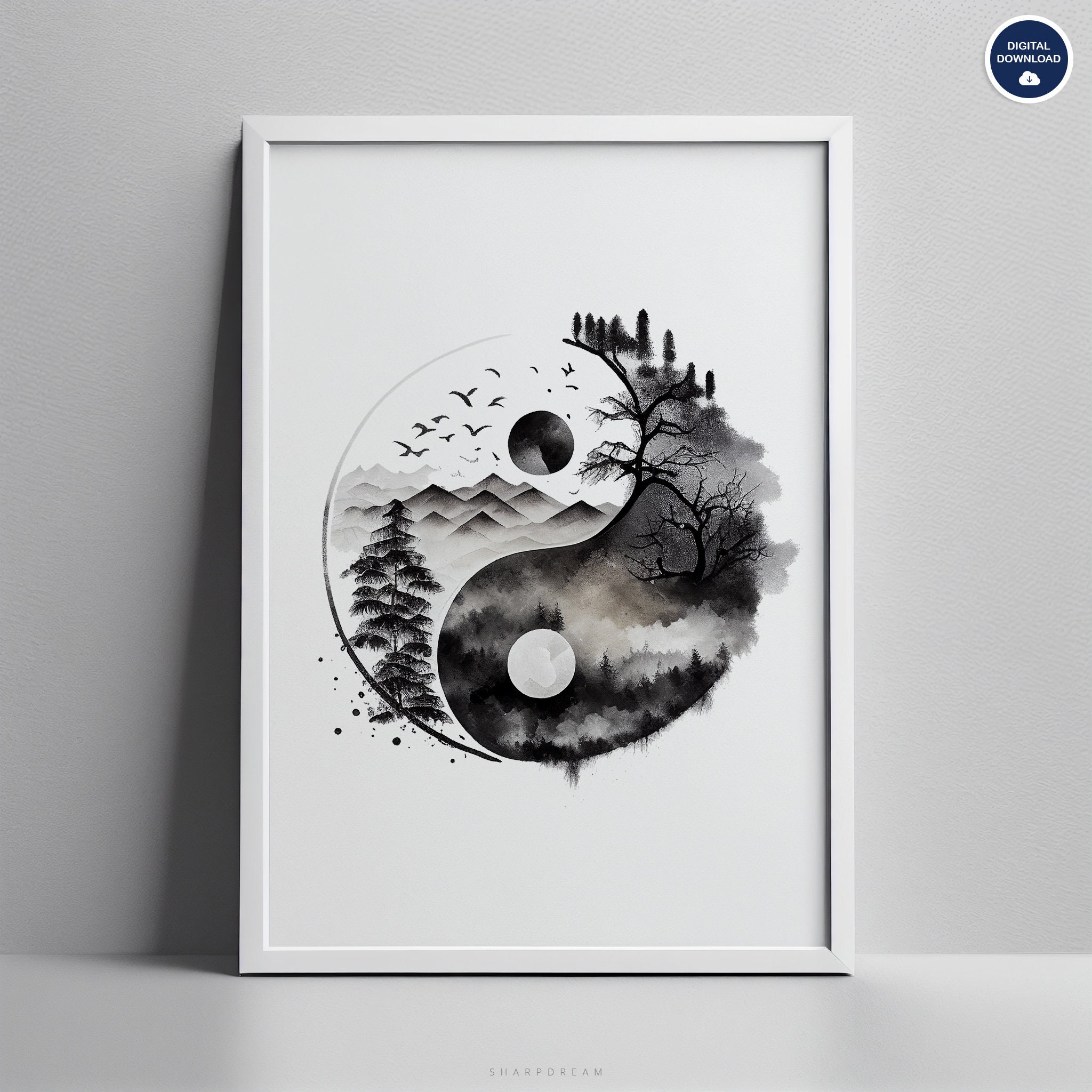 Black and White Yin and Yang Wall Art Printable, Abstract Ying Yang ...