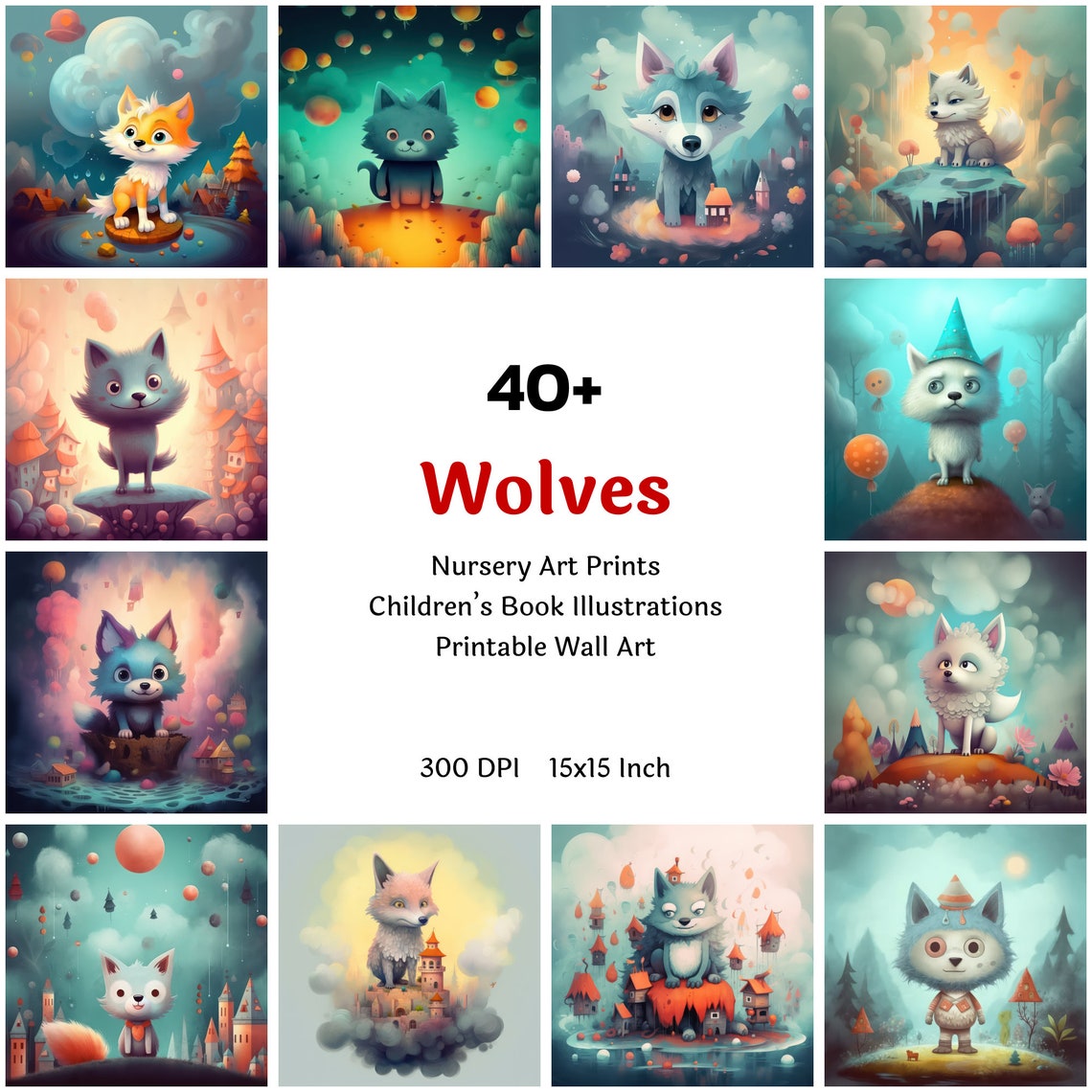 Cartoon Wolf Printable Clipart Bundle, Cute Wolves Nursery Wall Art ...
