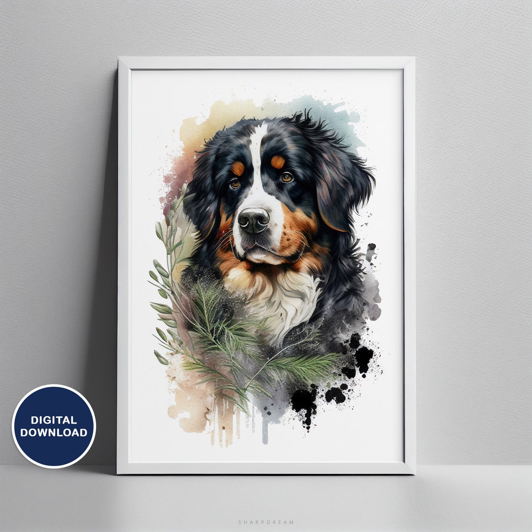 Bernese Mountain Dog Watercolor Wall Art Printable, Bernese Mountain ...