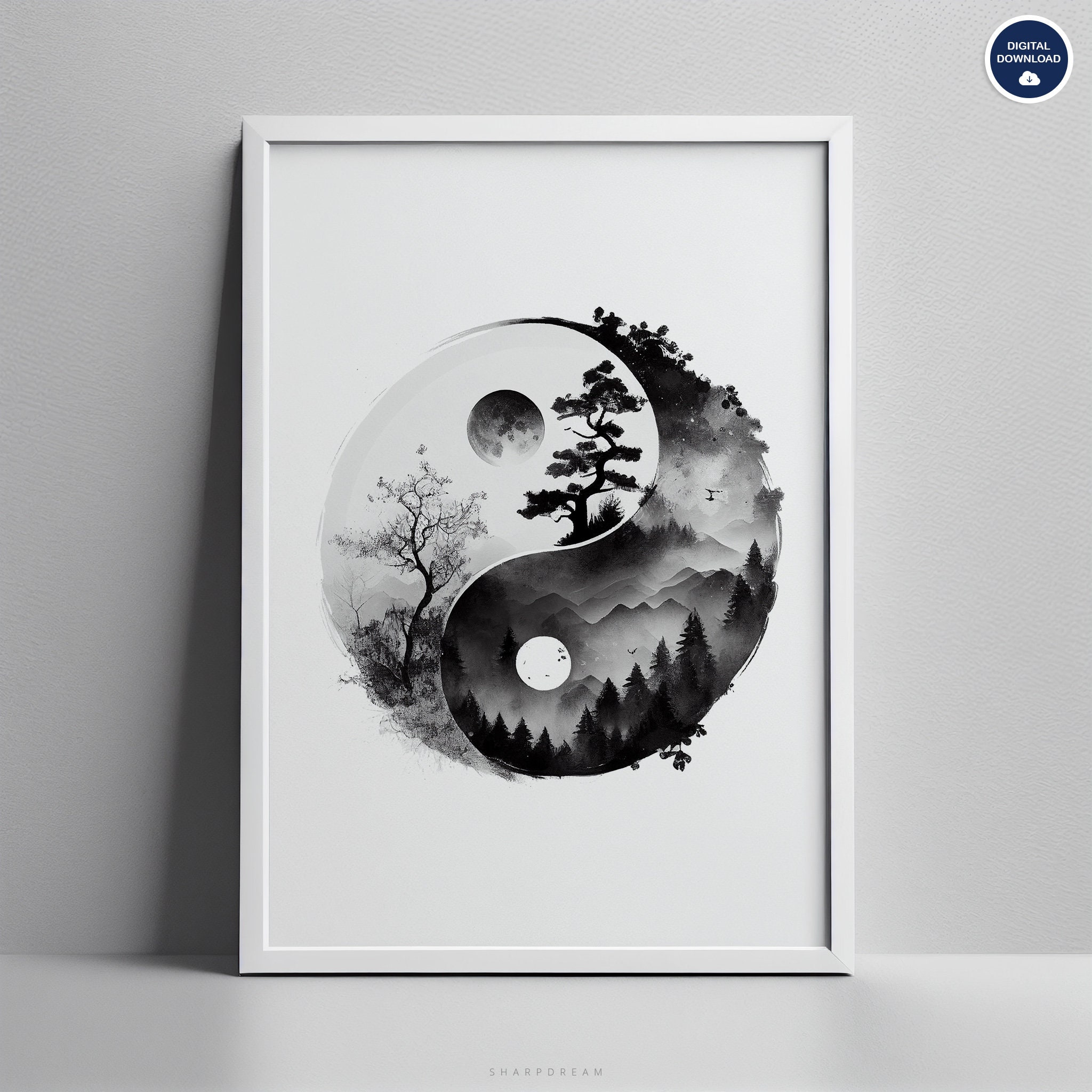 Black and White Yin Yang Wall Art, Spiritual Print, Taoism Art, Yoga ...