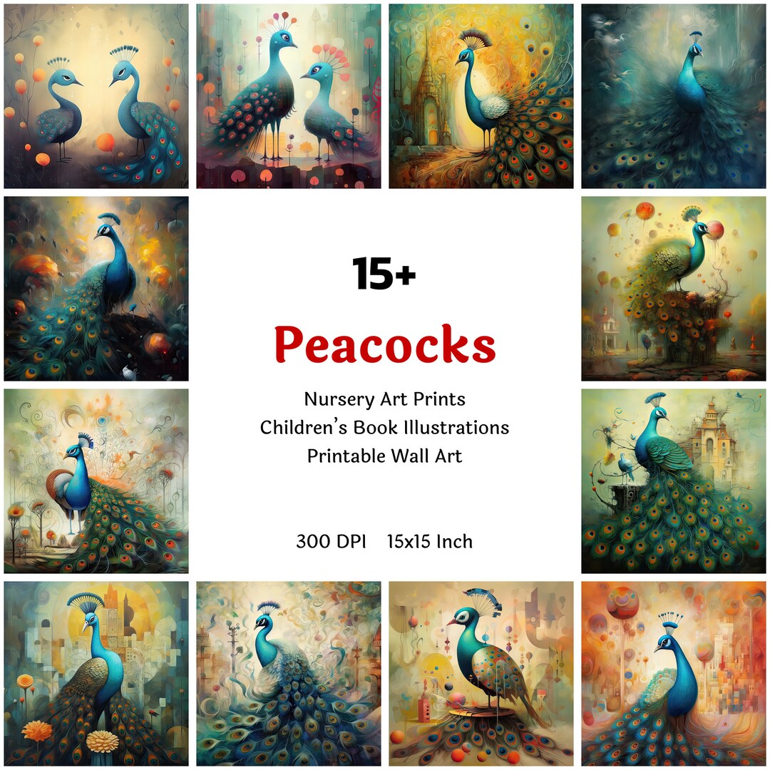 Cute Peacock Nursery Art Printable Collection, Print Set, Peacocks ...