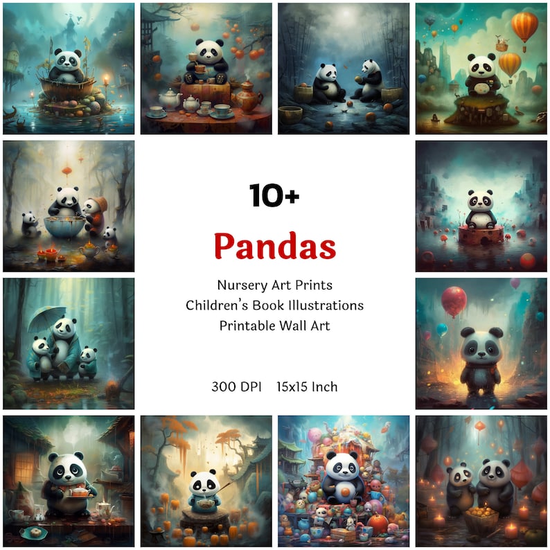 Cute Panda Nursery Art Printable Collection, Print Set, Pandas Painting ...