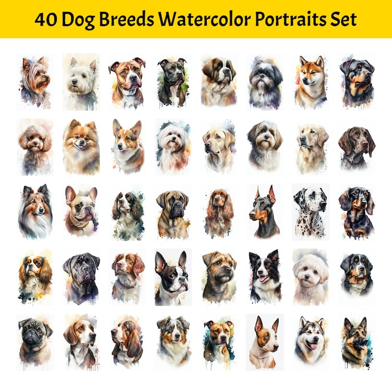 Watercolor Dog Portraits Bundle Clipart Digital Download Printable ...