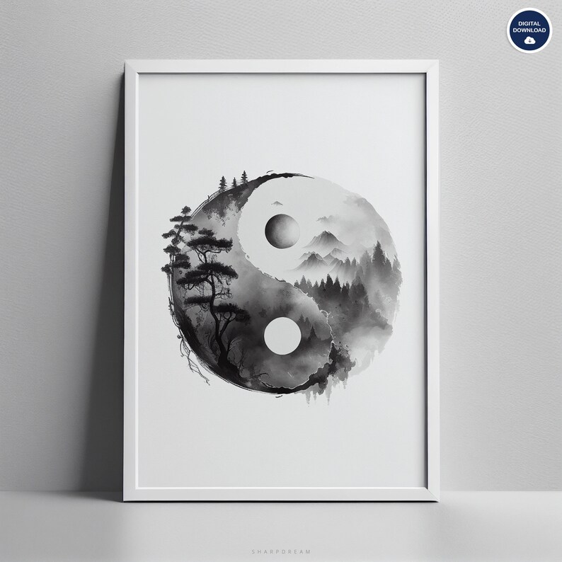 Black and White Yin Yang Wall Art, Spiritual Print, Taoism Art, Yoga ...