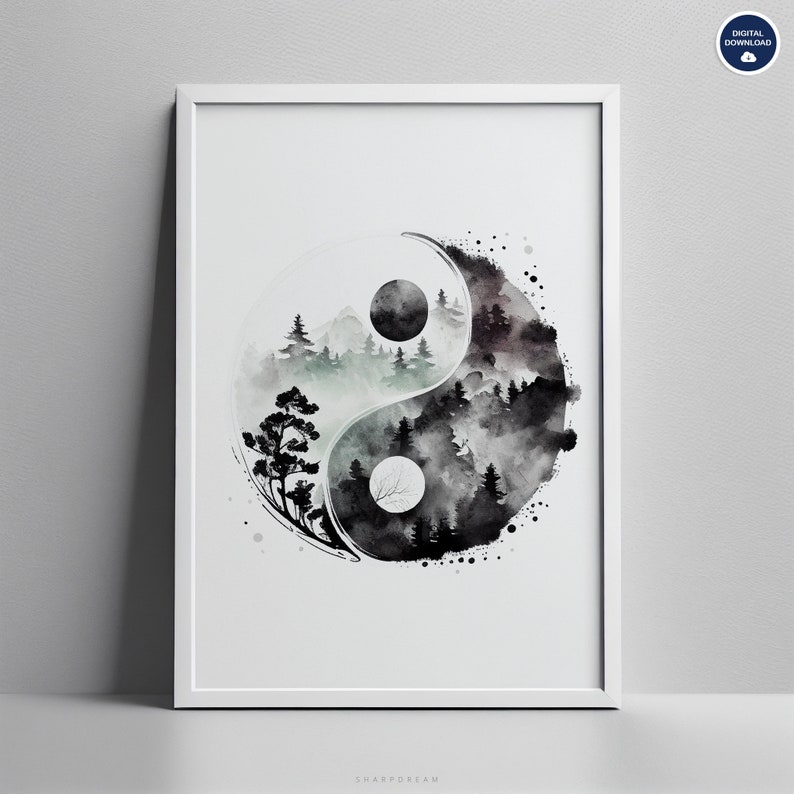 Yin Yang Wall Art Printable, Spiritual Print, Black and White Ying Yang ...