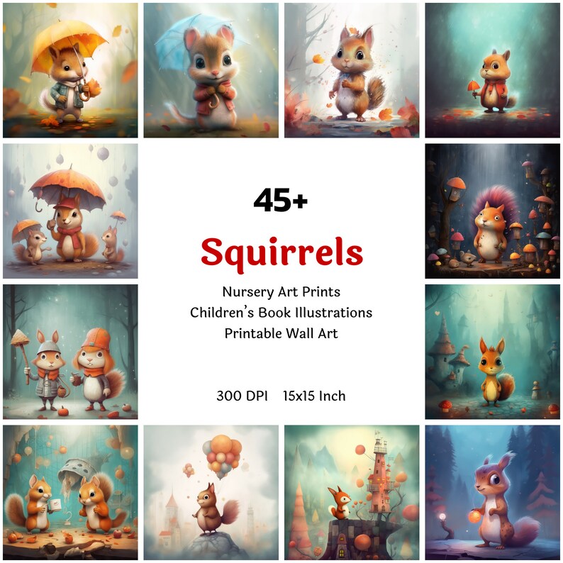 Squirrel Printable Clipart Bundle, Cute Squirrels Nursery Wall Art ...