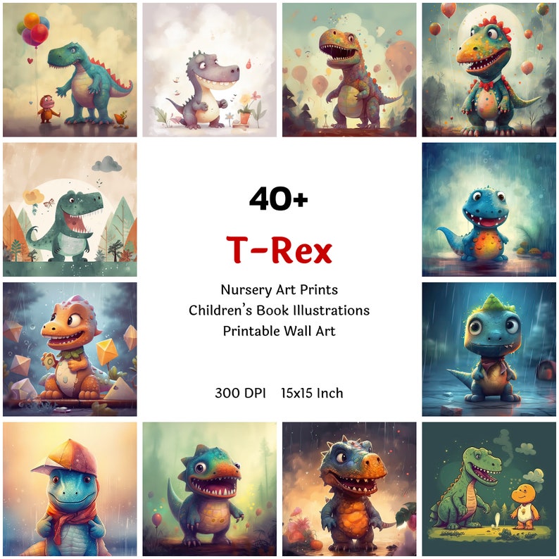 T-rex Printable Clipart Bundle, Cute Tyrannosaurus Nursery Wall Art ...