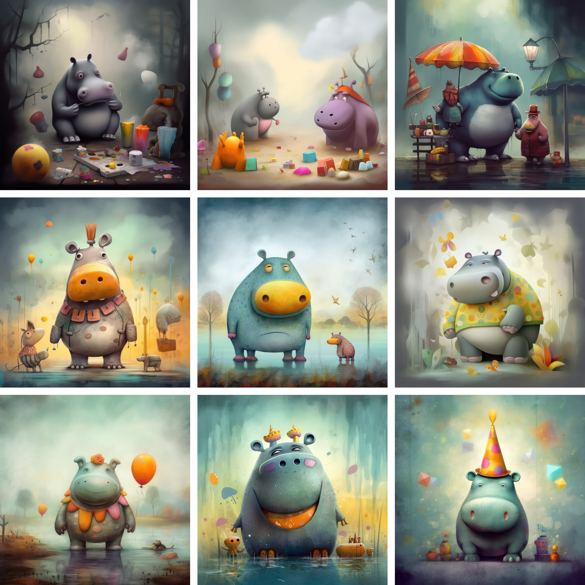 Cartoon Hippo Printable Clipart Bundle, Cute Hippos Nursery Wall Art ...