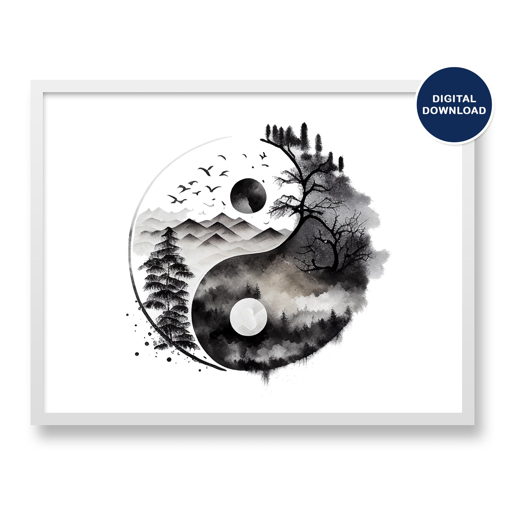 Black and White Yin and Yang Wall Art Printable, Abstract Ying Yang ...