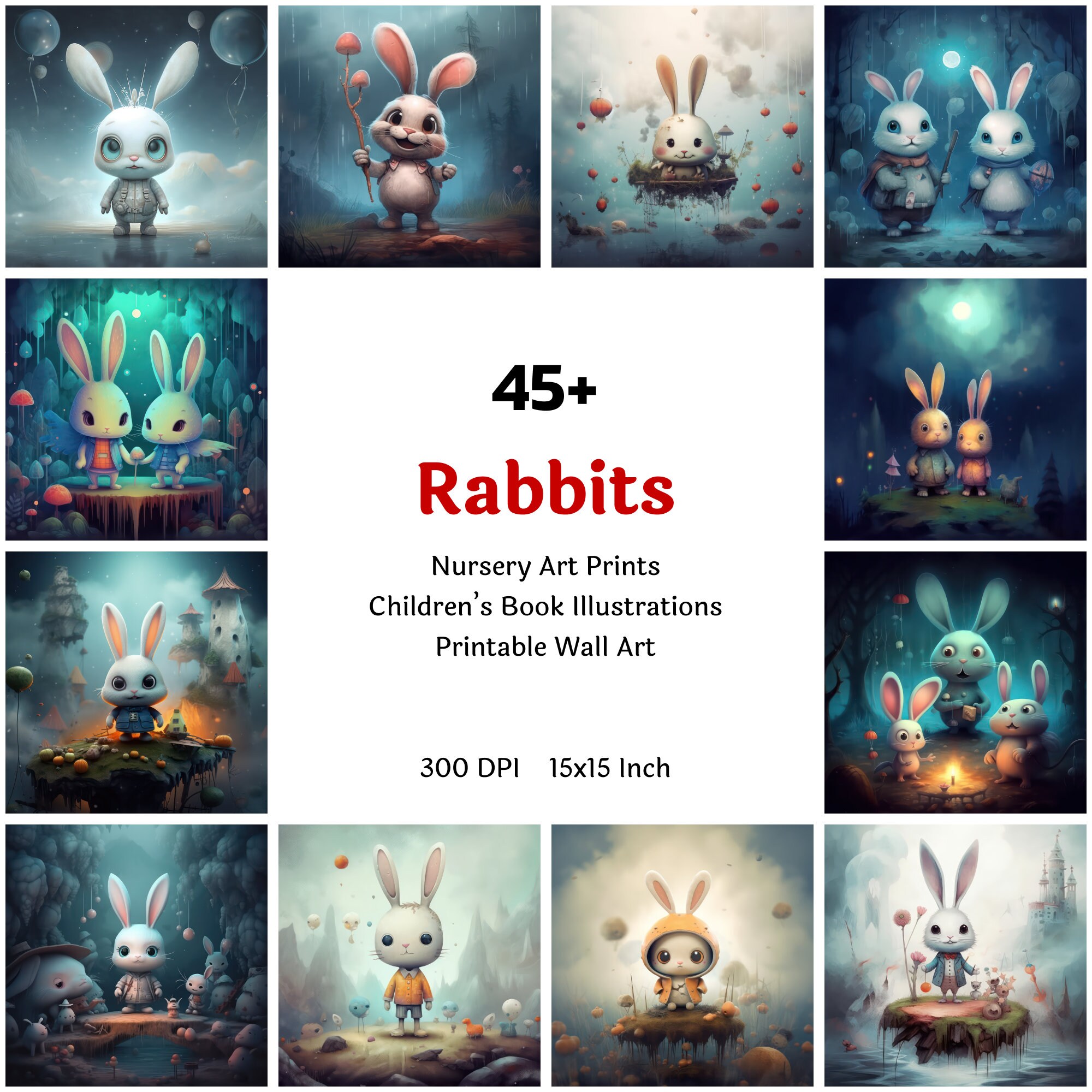 Rabbit Printable Clipart Bundle, Cute Rabbits Nursery Wall Art ...