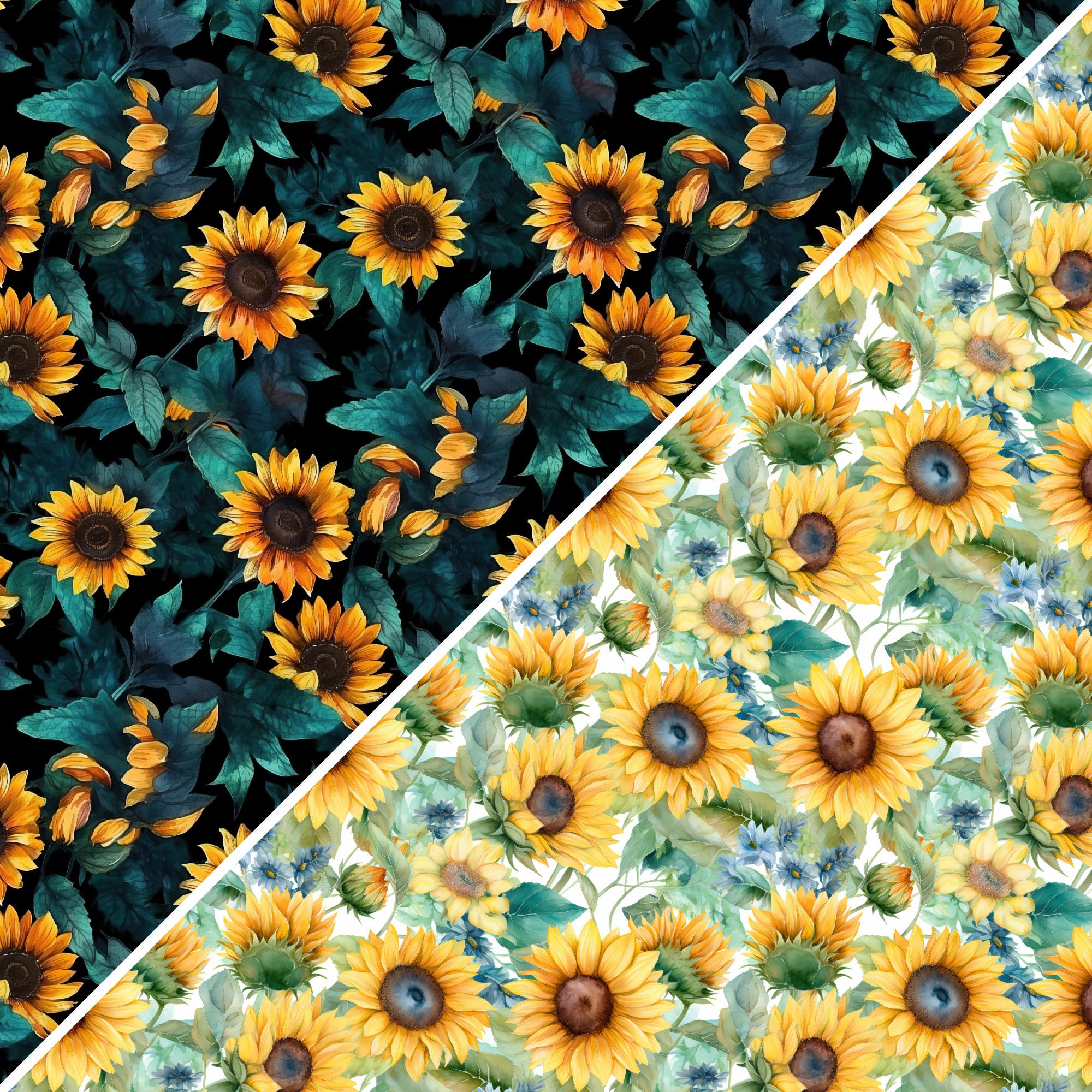 Watercolor Sunflowers Seamless Pattern Digital Paper Background Bundle ...