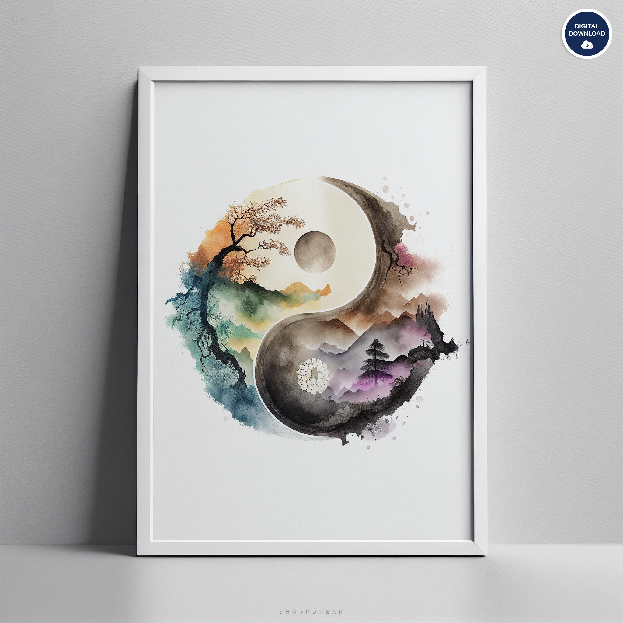 Watercolor Yin Yang Printable On Wall Art Posters T Shirts Mugs