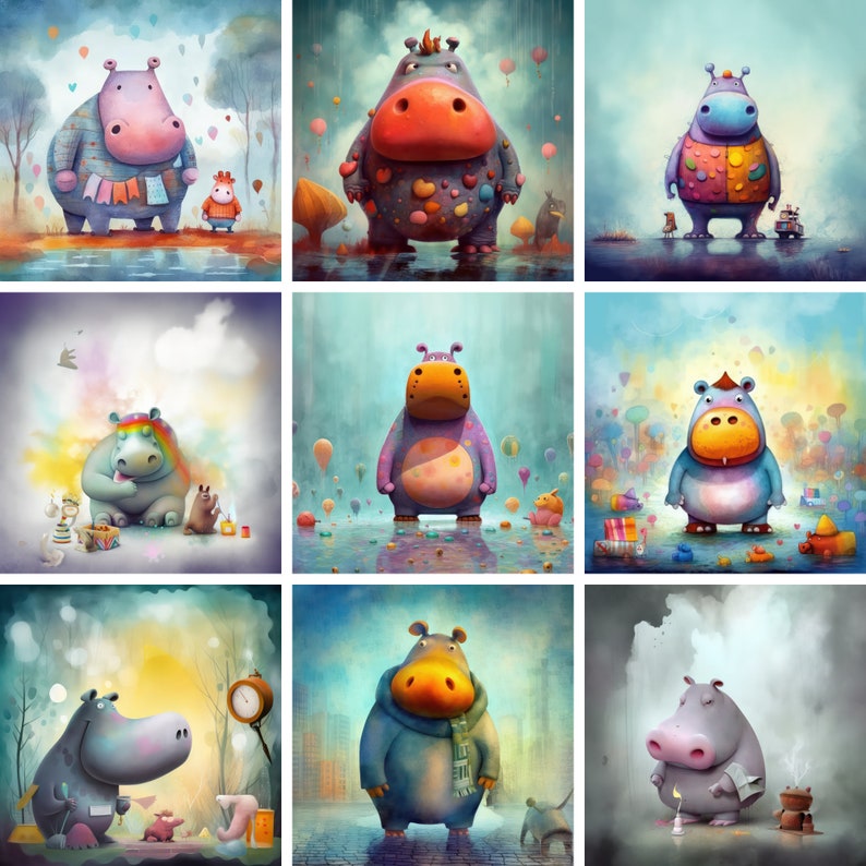 Cartoon Hippo Printable Clipart Bundle, Cute Hippos Nursery Wall Art ...