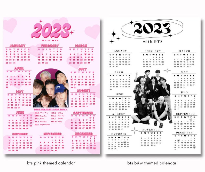 Set of 2 BTS Printable Calendars BTS Calendar Monthly Calendar ...
