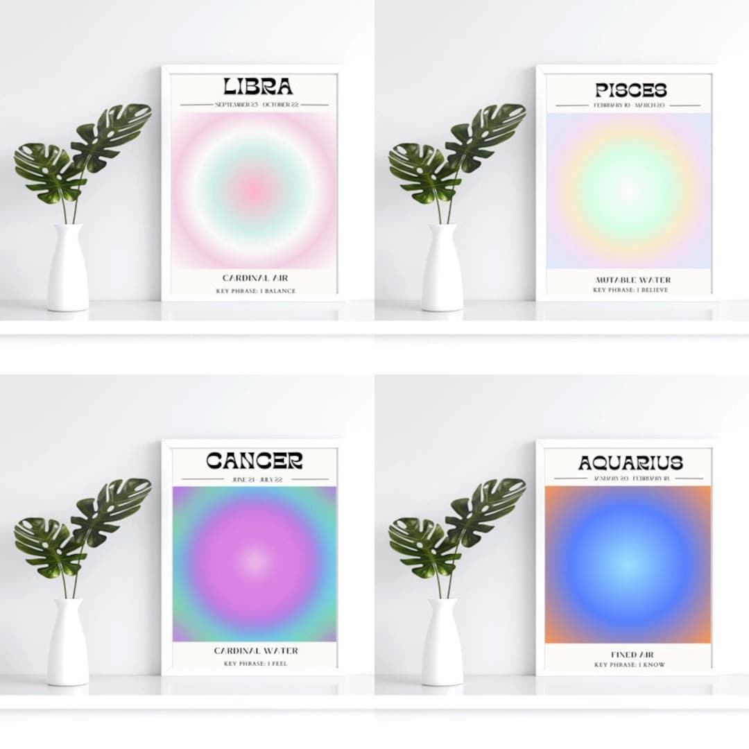 Set of 12 Printable Zodiac Posters, Wall Art, Colourful Aura ...