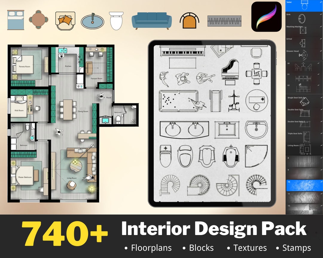 740+ Procreate Interior Design Stamps, Furniture Blocks, Furniture ...