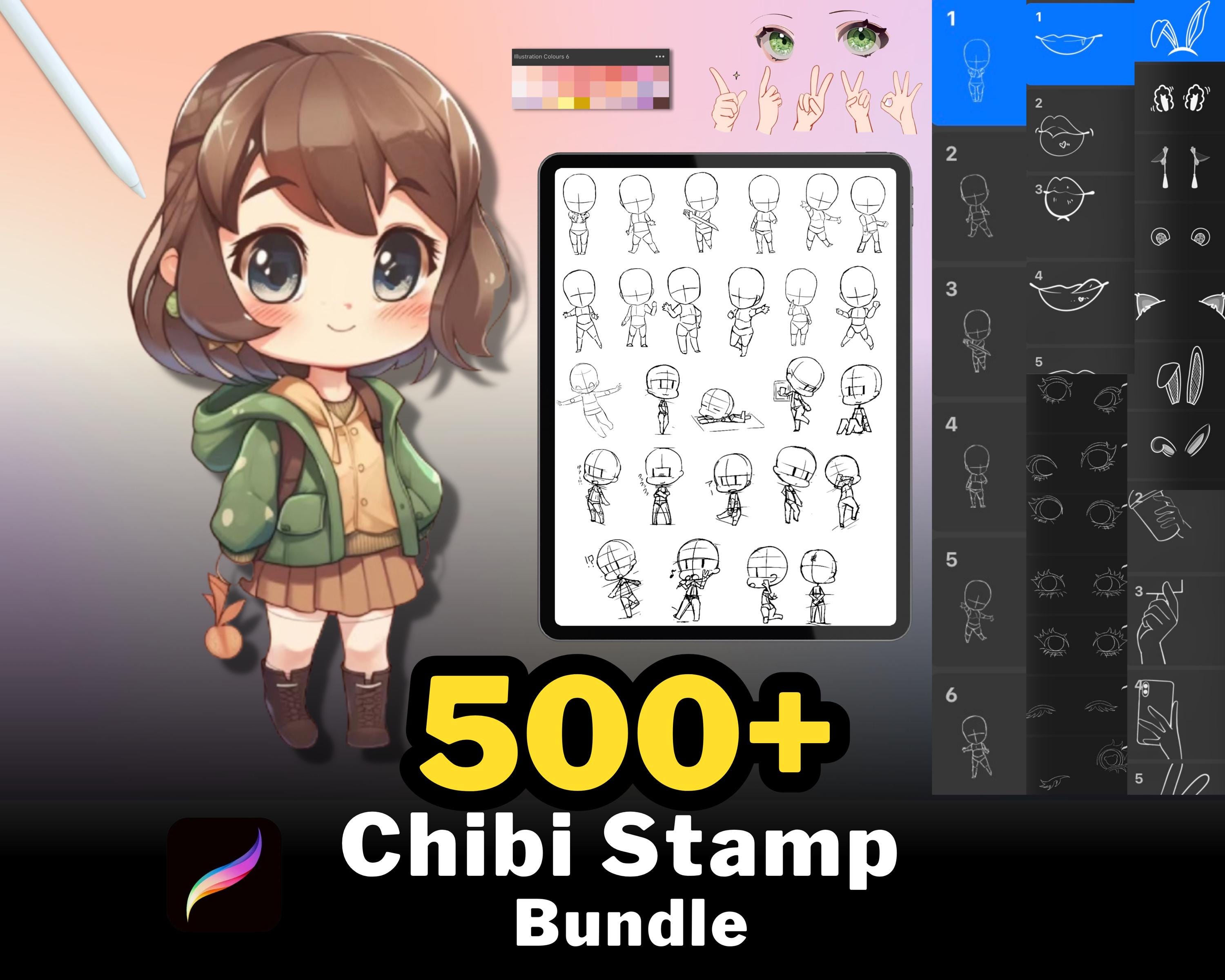 500+ Procreate Chibi Stamp Bundle, Anime Manga Body Guides, Eyes, Lips ...