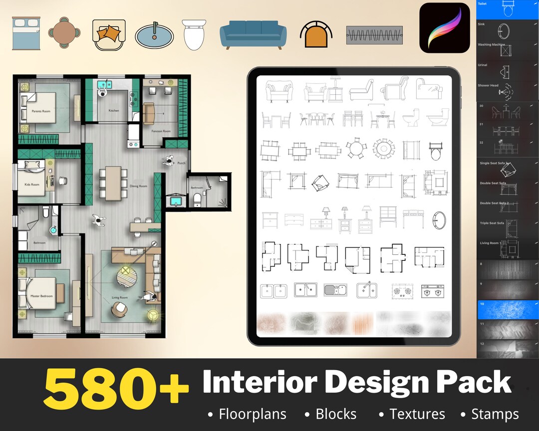 580 Procreate Interior Design Stamps, Furniture Blocks, Furniture ...