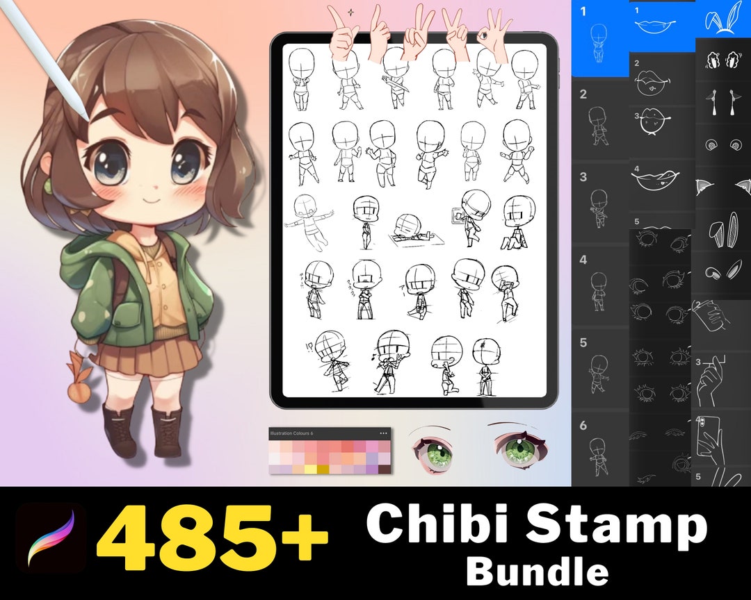 485+ Procreate Chibi Stamp Brushes, Chibi Body Guides, Procreate Color ...