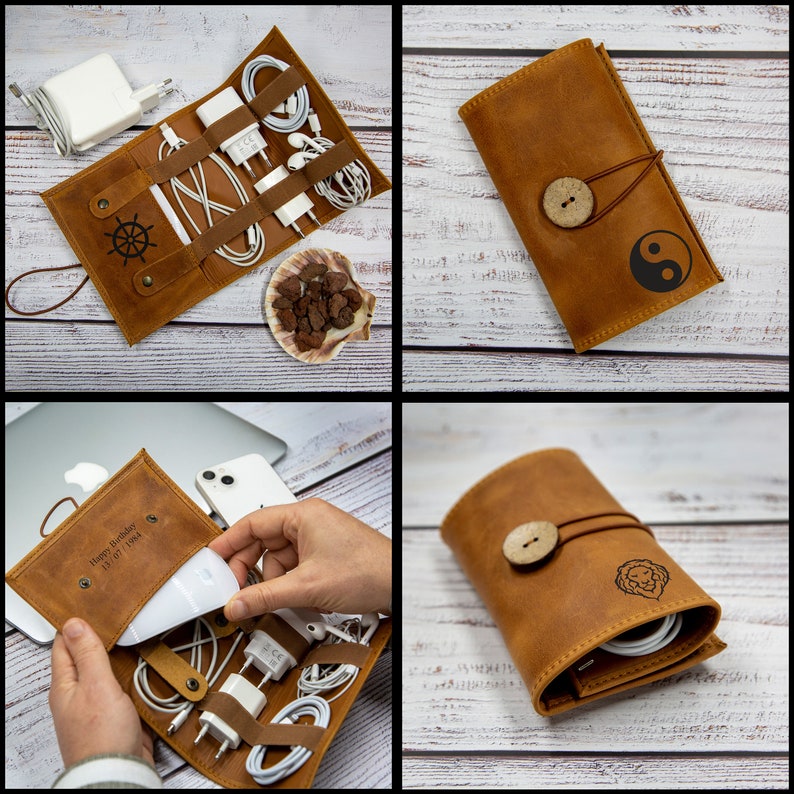 Travel Charger Roll, Cable Organizer Leather Gift for Traveller ...