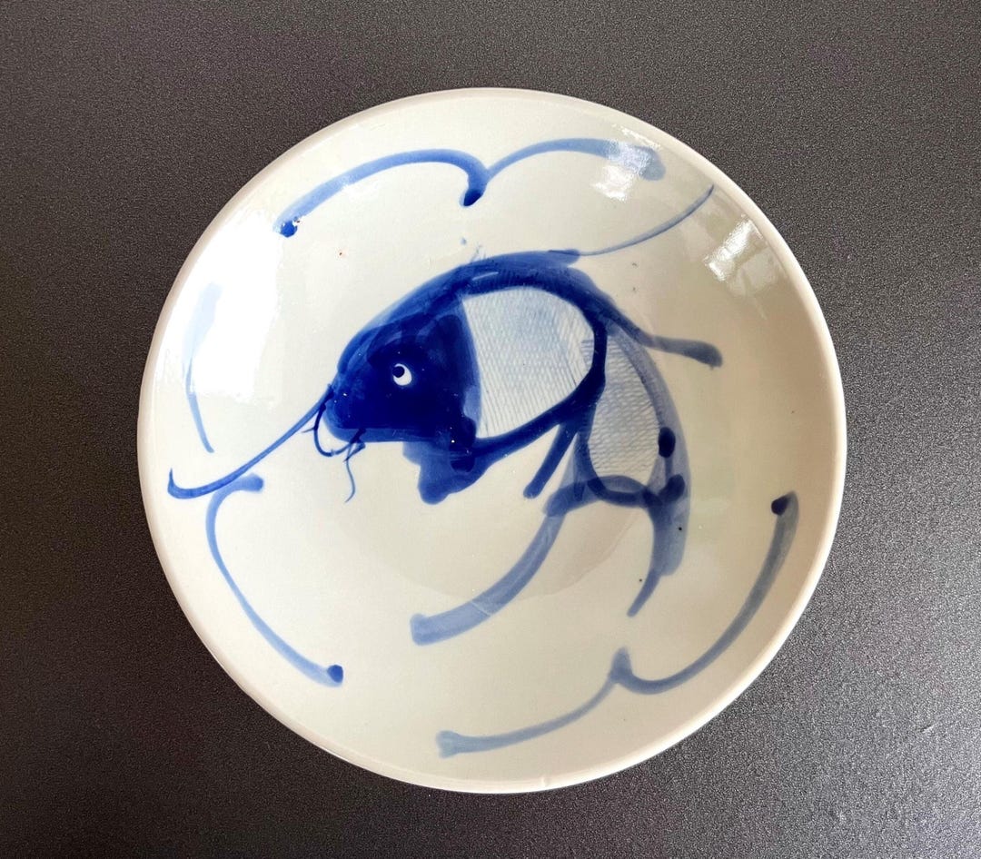 Chinese Blue and White Fish Carp Plate, Small Vintage Porcelain Plate ...