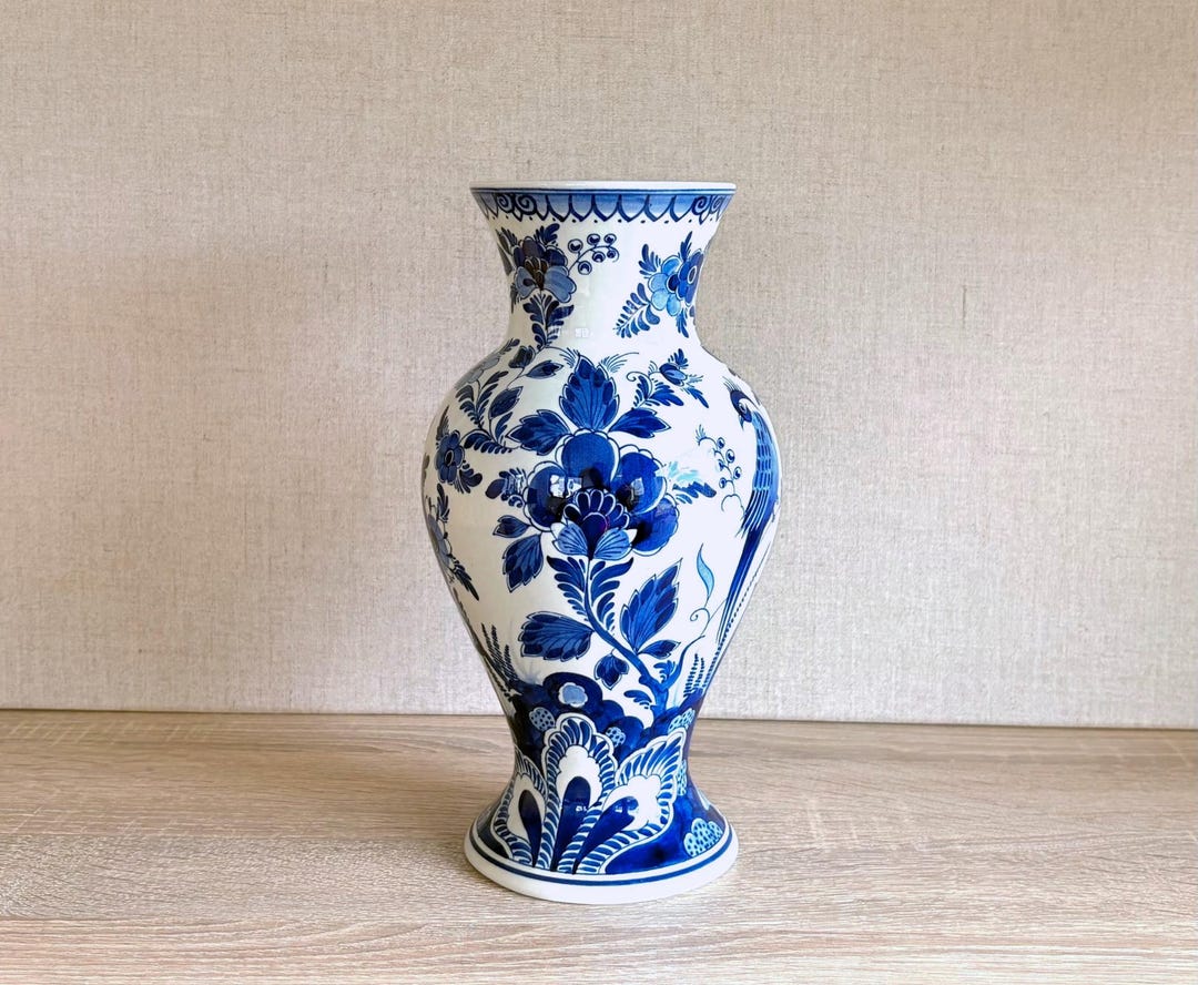 Vintage DELFT BLUE VASE, Blue White Floral Porcelain Vase, Signed ...