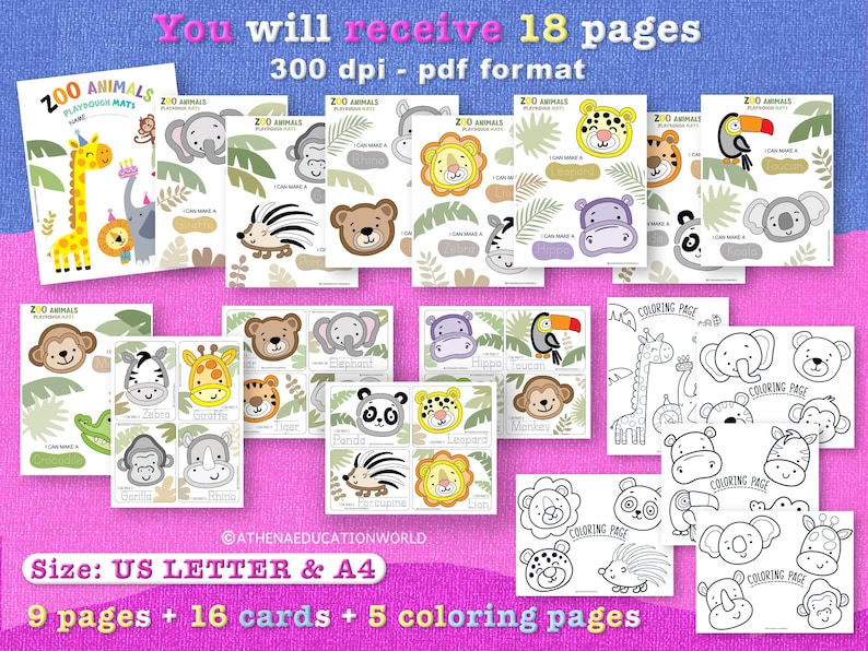 Cute Zoo Animals Playdough Mats, Printable Play Dough Activity for Kids ...