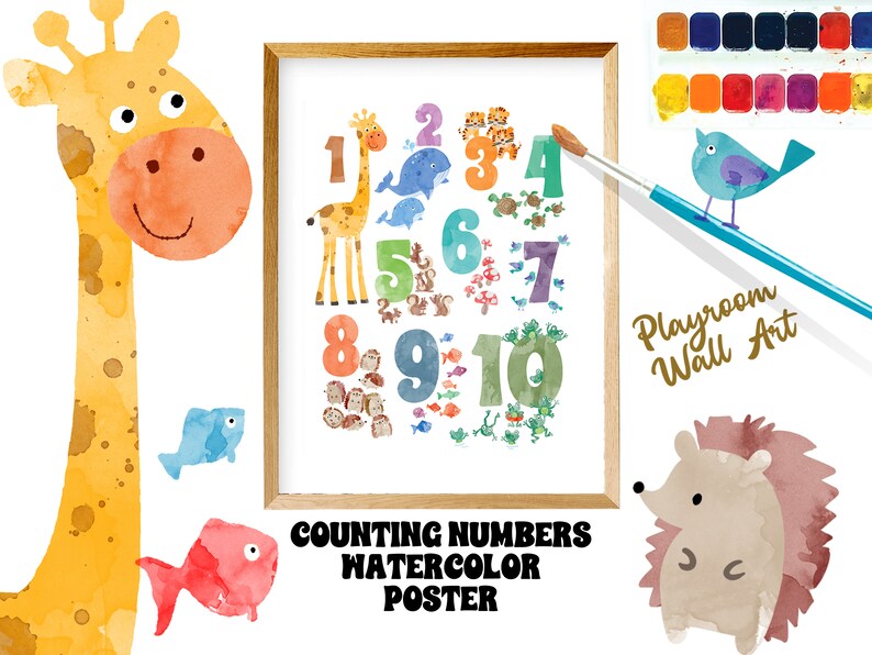 Cute Printable Animal Counting Poster, Watercolor Animal Number Poster ...