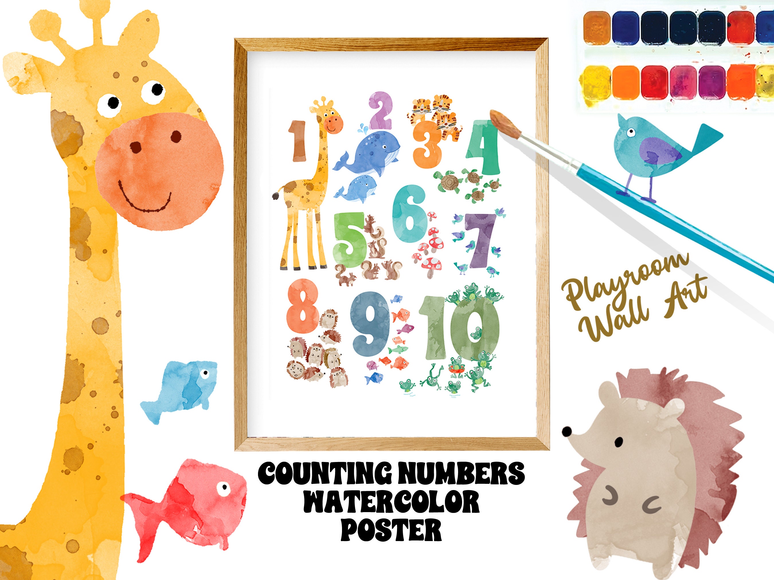 Cute Printable Animal Counting Poster, Watercolor Animal Number Poster ...