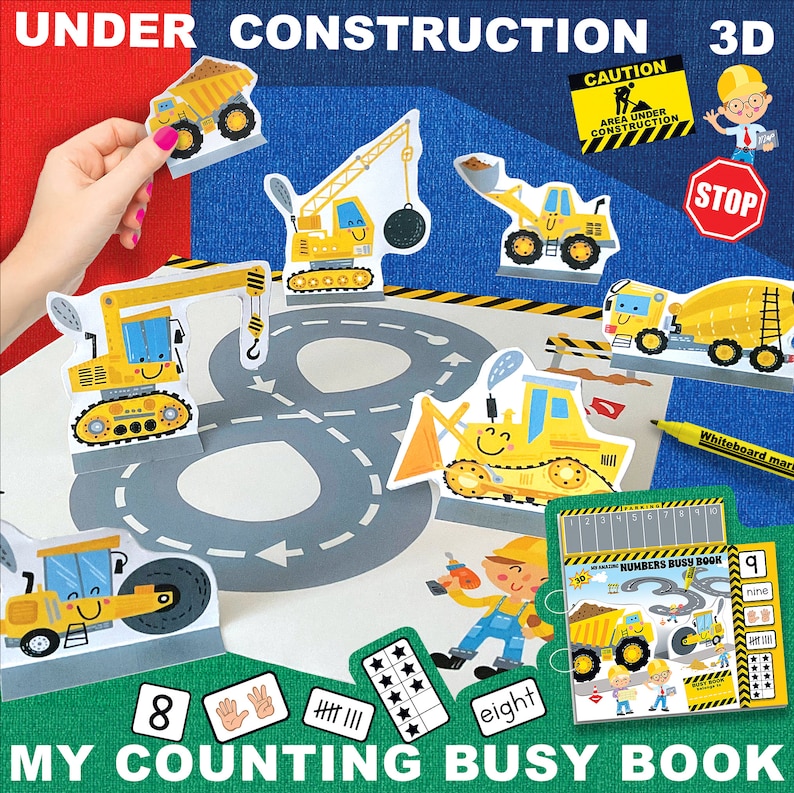 Construction Counting Busy Book, Number Tracing Activity, Printable 3D ...