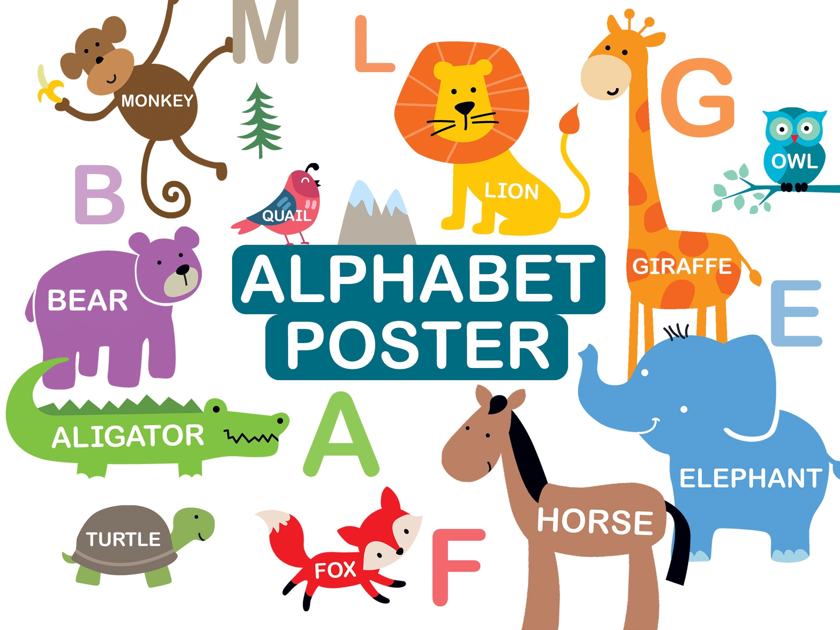Animal Alphabet Poster Print, Baby Kids Room Wall Art, Children's ...