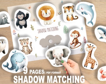 Watercolor Animals Shadow Matching Binder Game, Toddlers Shadow ...