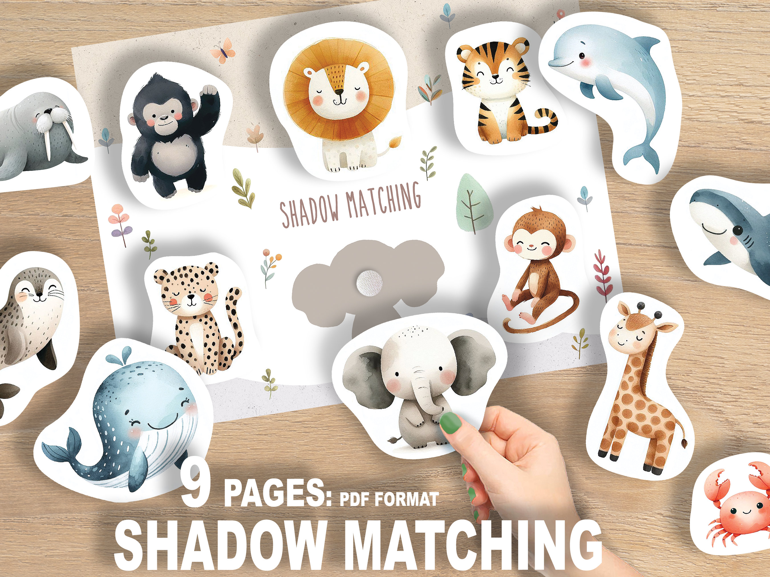 Watercolor Animals Shadow Matching Velcro Game, Toddlers Shadow ...