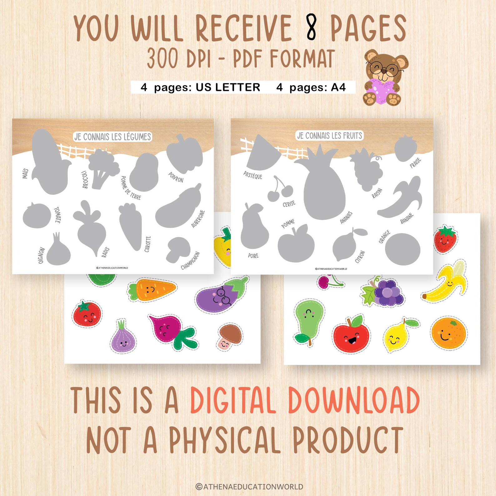 French Fruits and Vegetable Shadow Game, Fruits and Vegetables Matching ...
