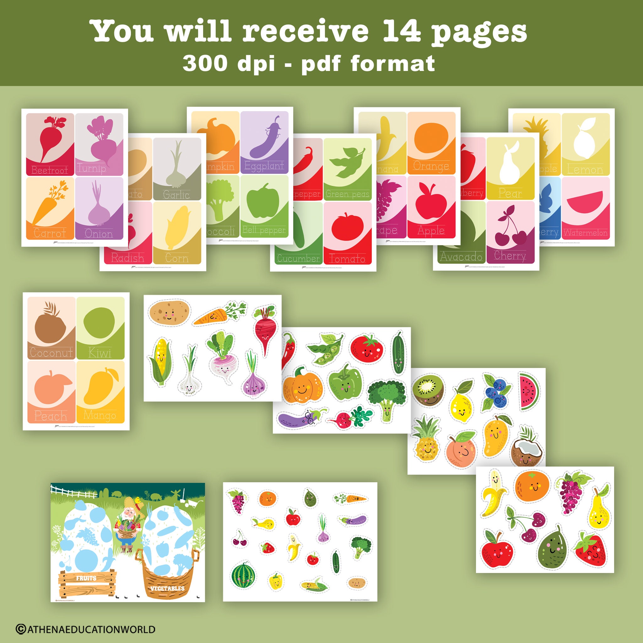 Cute Fruits and Vegetables Flashcard and Worksheet, Printable ...
