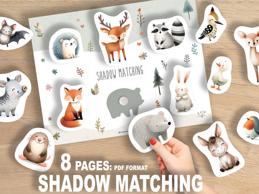 Watercolor Animals Shadow Matching Binder Game, Toddlers Shadow ...