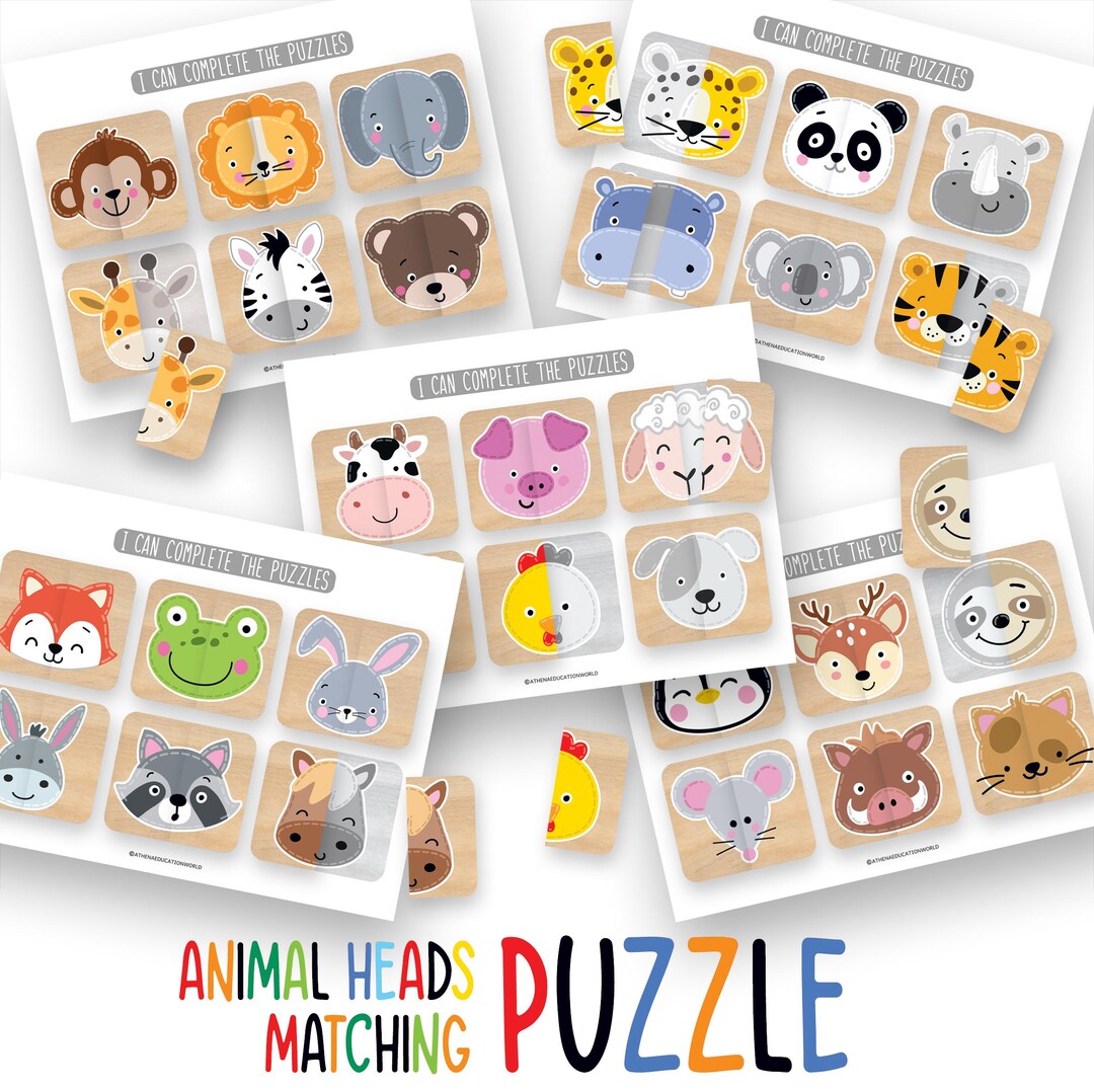 Animal Heads Matching Puzzle Printable, Toddler Game (PDF) - Etsy