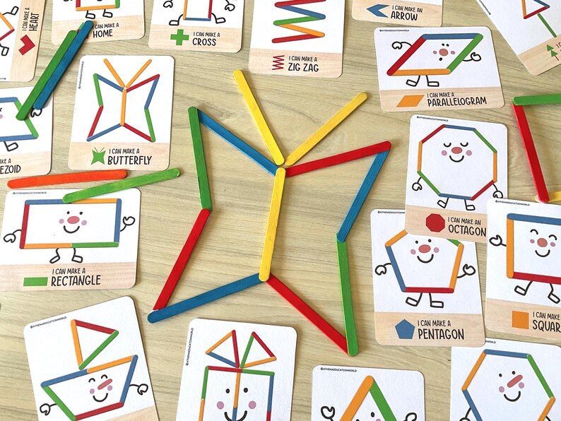 Popsicle Stick Shapes Activity Game, Montessori Printable Cards for ...