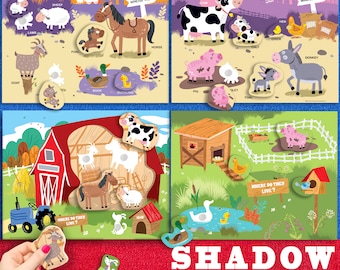 Farm Animals Shadow Matching Velcro Game, Toddlers Shadow Matching ...