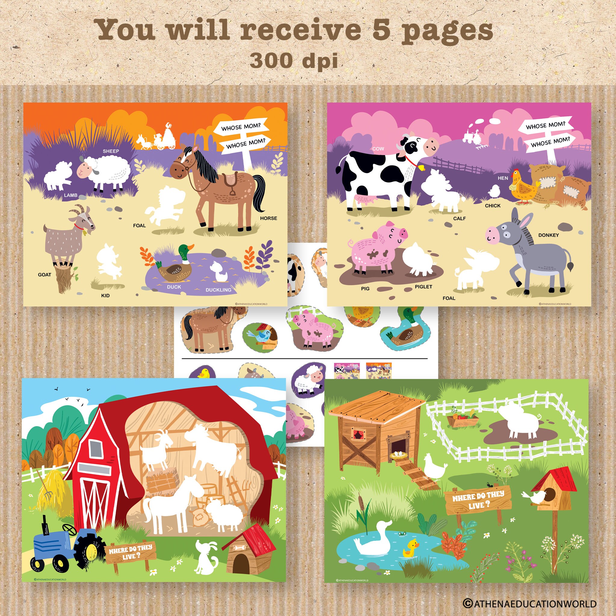 Farm Animals Shadow Matching Velcro Game, Toddlers Shadow Matching ...