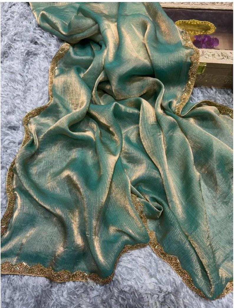 Gold Silk Blend Saree With Beads, Stone Work | Lace Border | Designer ...